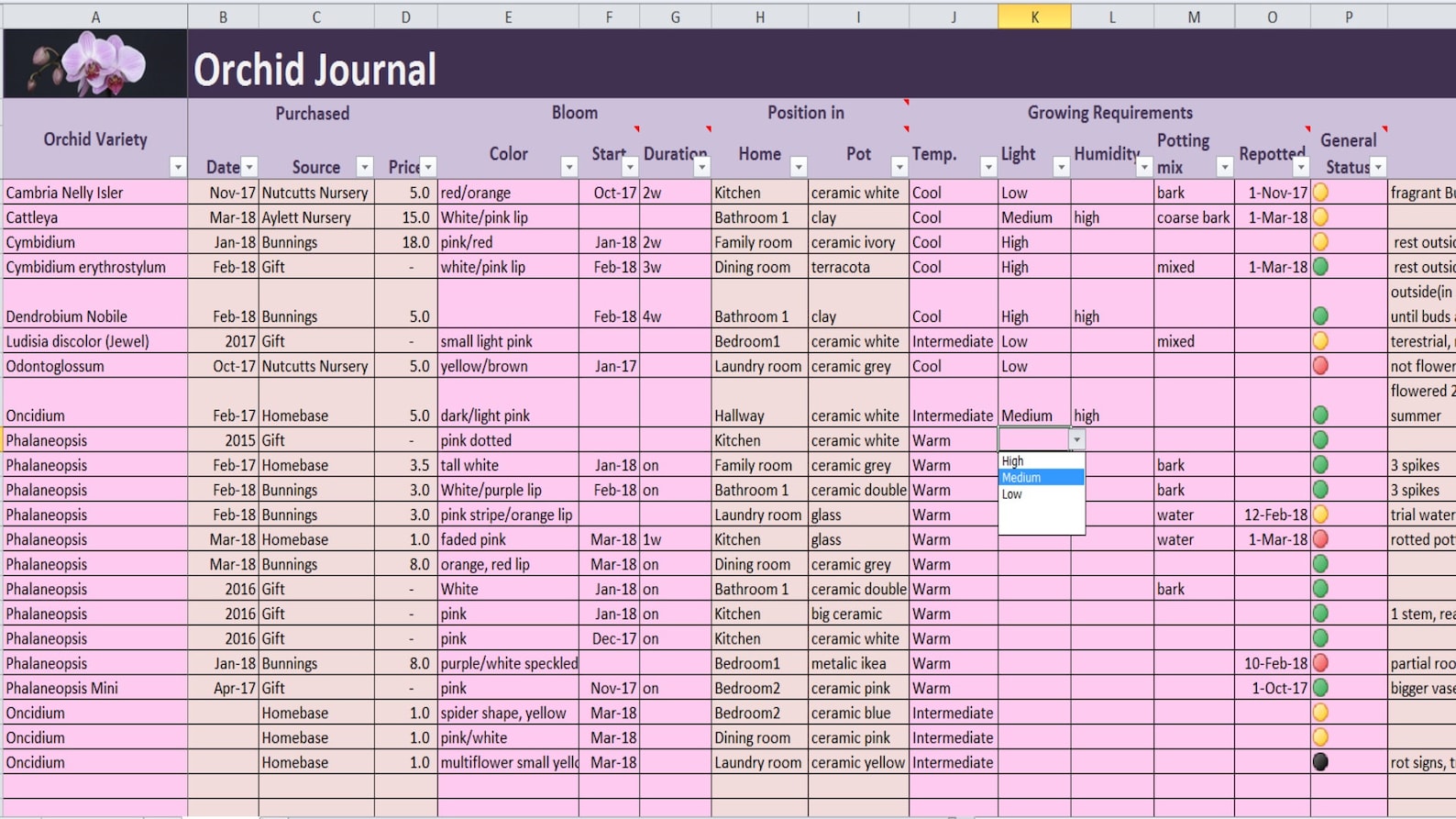 Orchid Journal - Excel and PDF Template, House Plants Log Spreadsheet ...