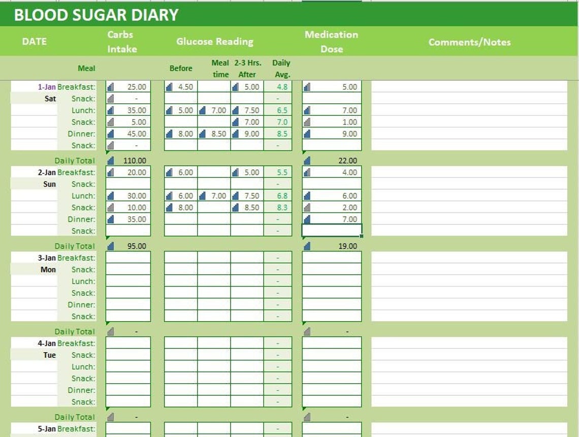 Blood Sugar Diary Excel Template, Carbs Glucose Levels Tracker ...