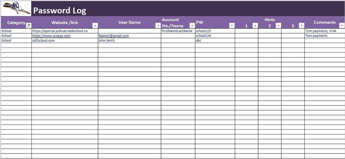 Password Log Excel and PDF Template, Password Tracker Spreadsheet ...