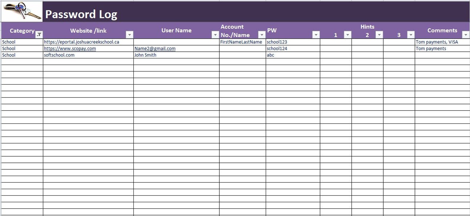 Password Log Excel and PDF Template, Password Tracker Spreadsheet ...