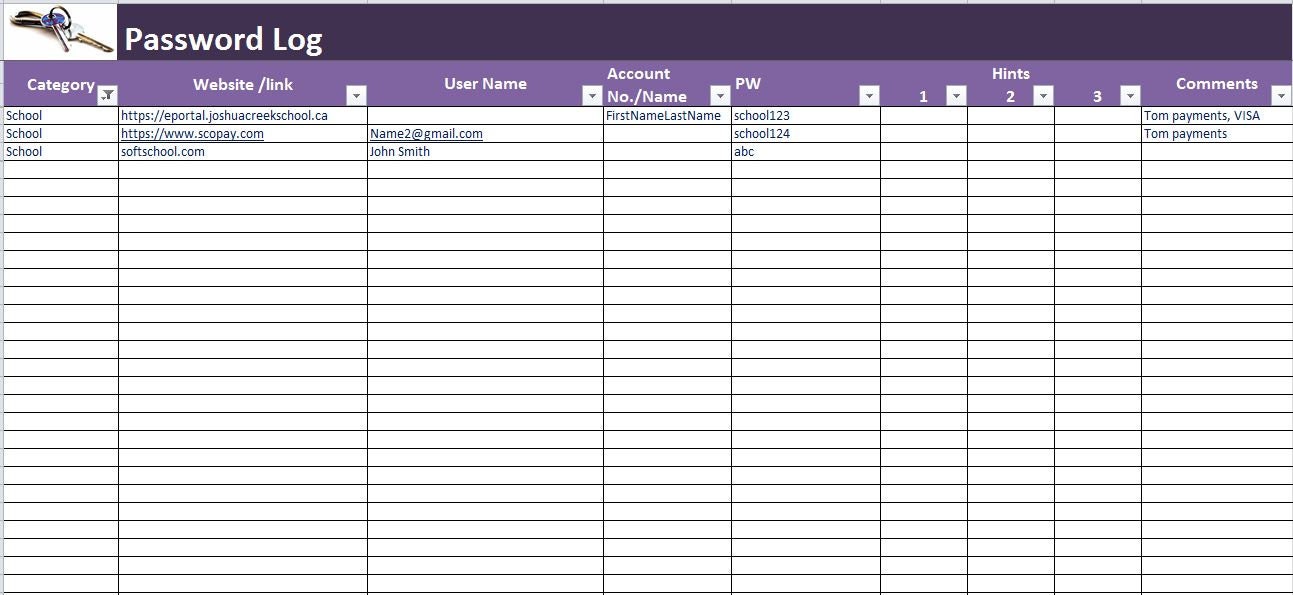 Password Log Excel and PDF Template, Password Tracker Spreadsheet ...