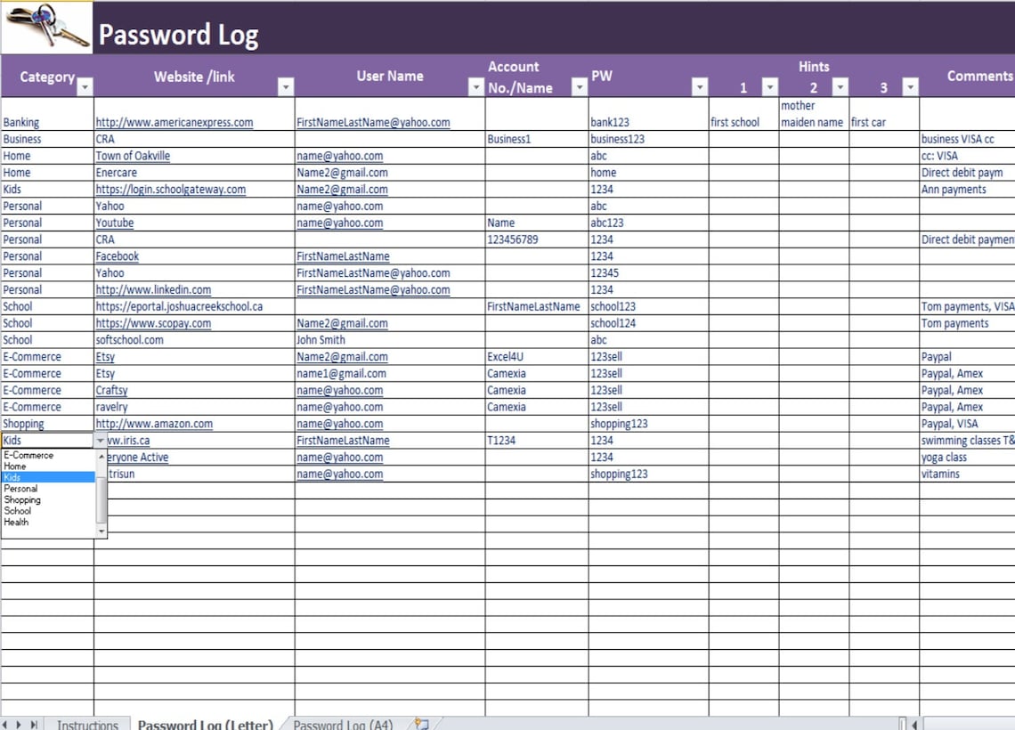 Password Log Excel and PDF Template, Password Tracker Spreadsheet ...