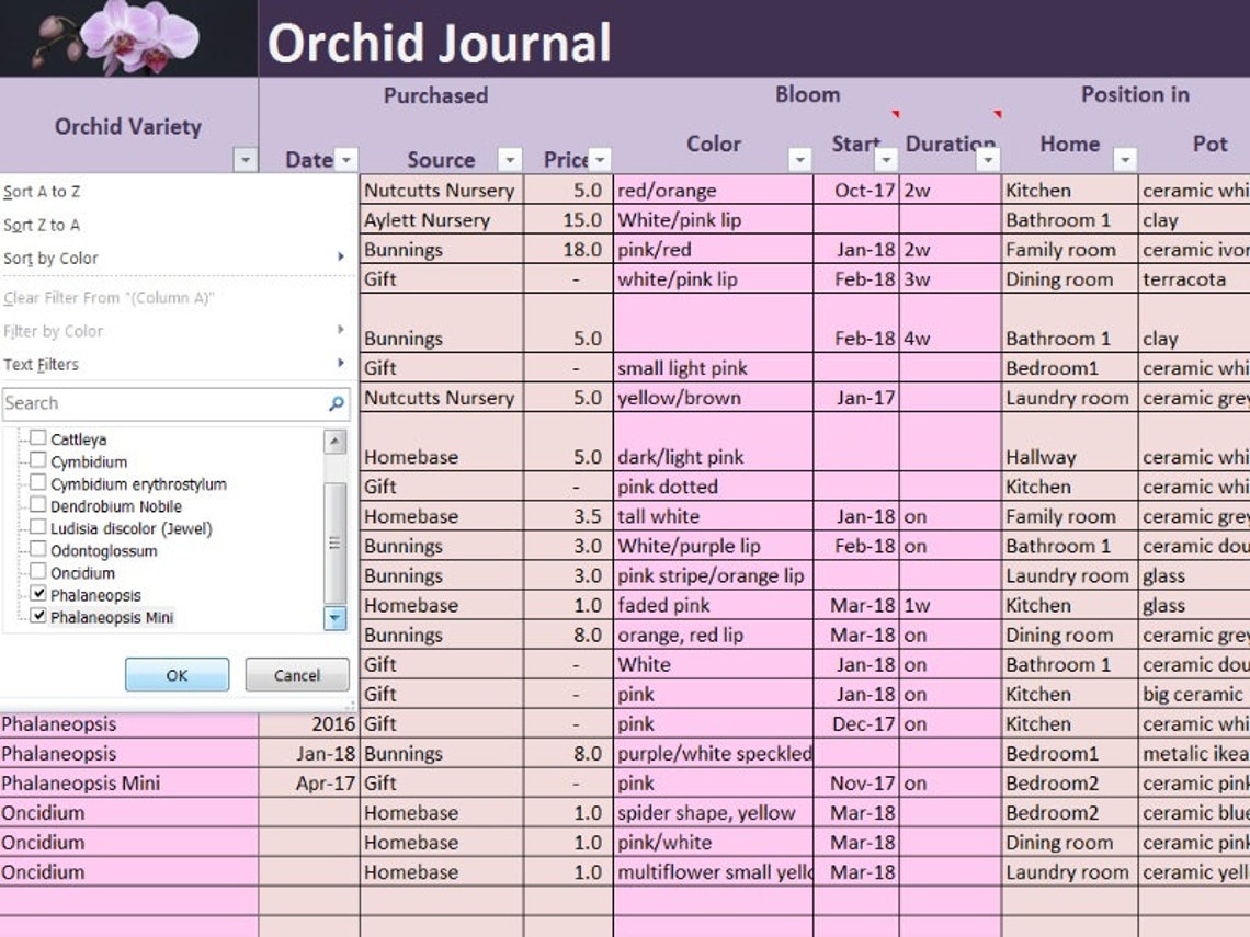 Orchid Journal - Excel and PDF Template, House Plants Log Spreadsheet ...