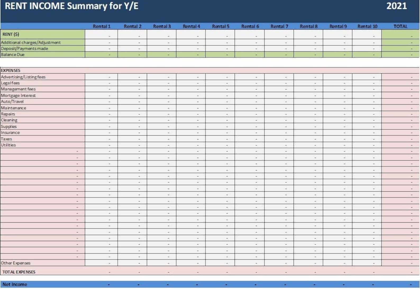 Multiple Properties Rent Income Excel Template/ up to 10 Rental ...
