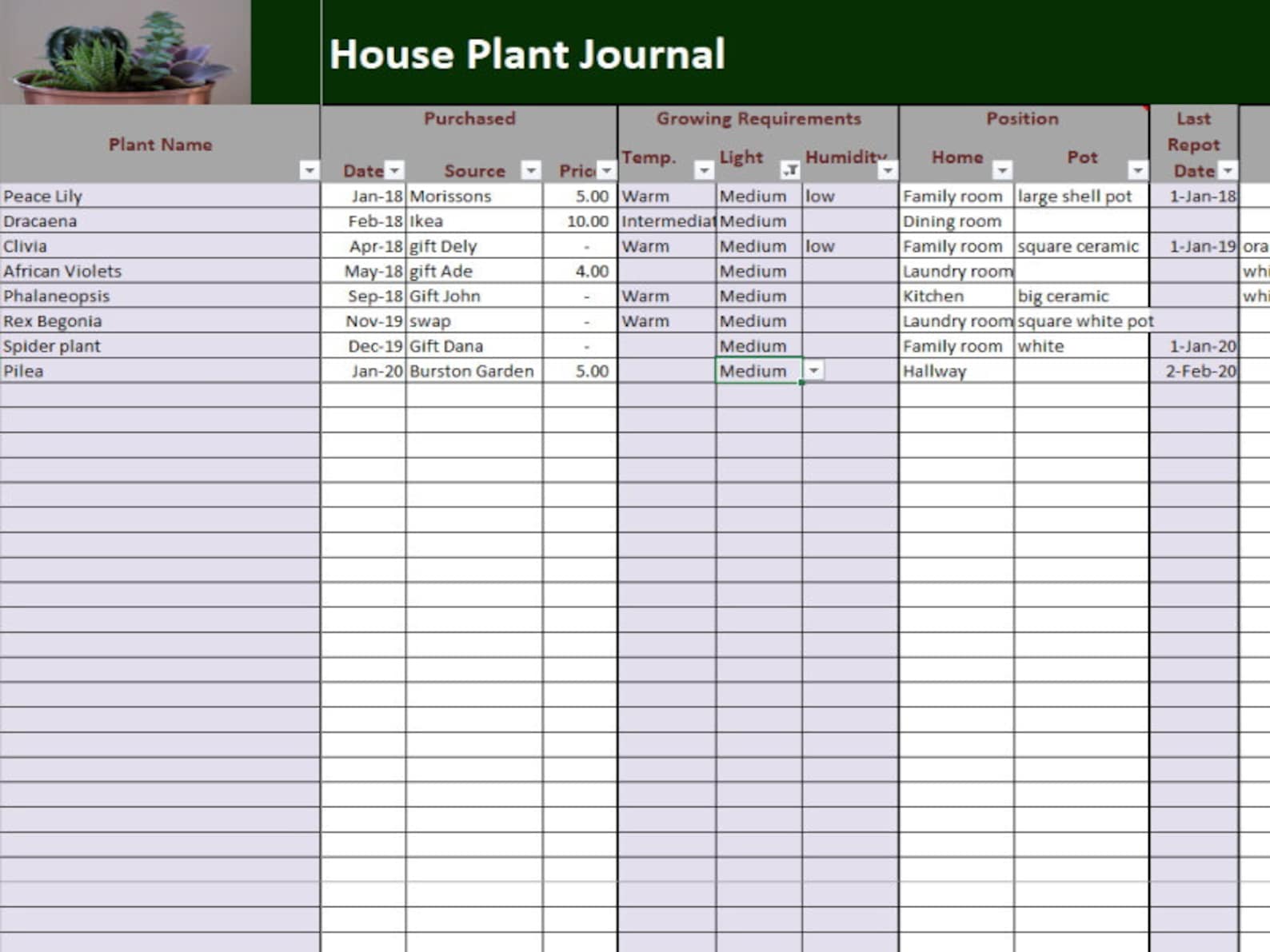 House Plants Journal - Excel and PDF Template, Plants Log Spreadsheet ...