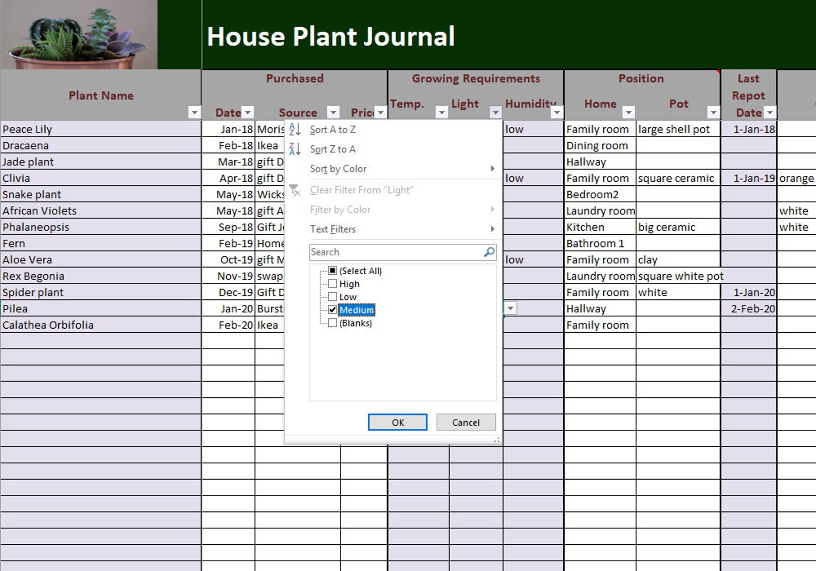 House Plants Journal - Excel and PDF Template, Plants Log Spreadsheet ...