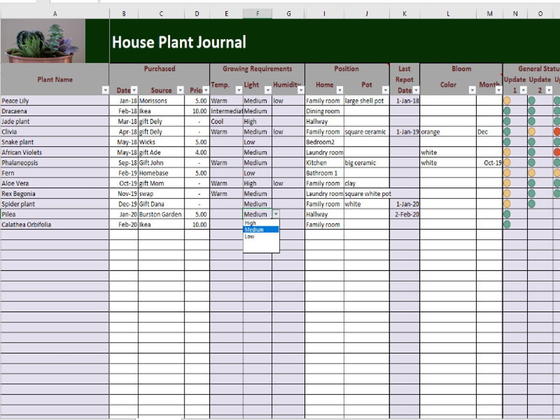 House Plants Journal - Excel and PDF Template, Plants Log Spreadsheet ...