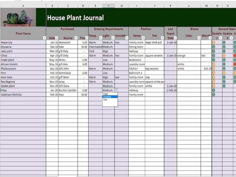 House Plants Journal - Excel and PDF Template, Plants Log Spreadsheet ...