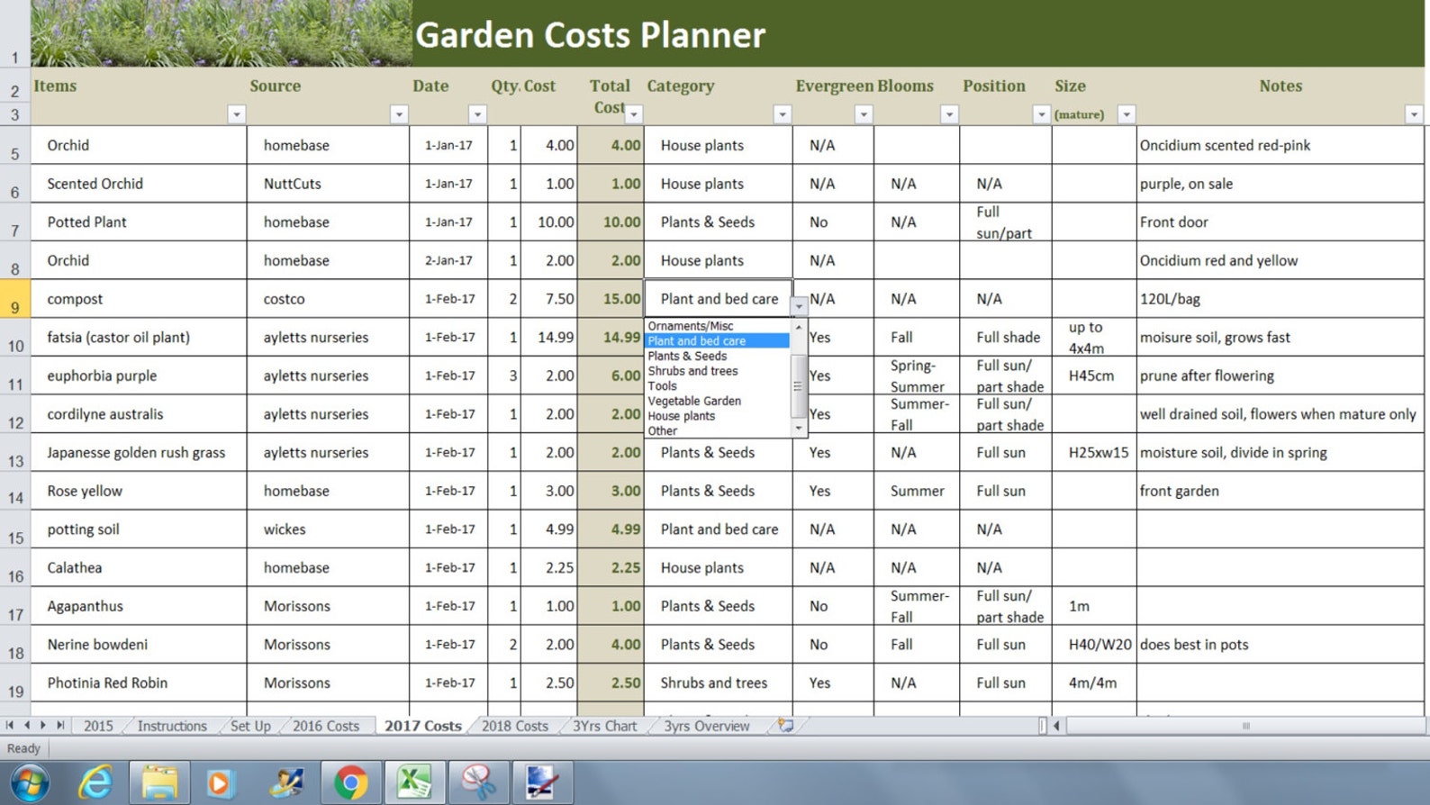 Plantilla de Excel para el planificador de costos de jardinería, hoja ...