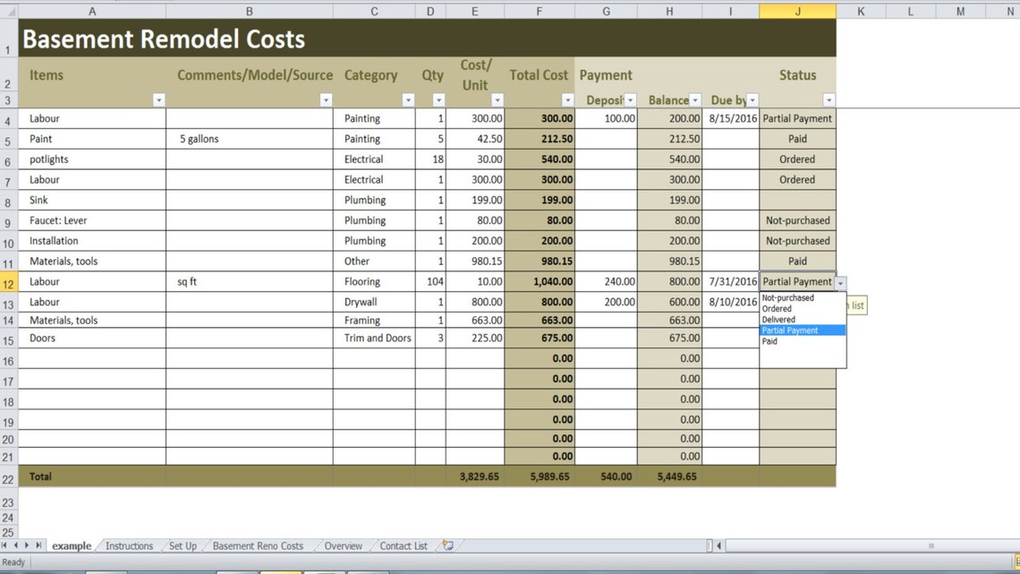 Basement Remodel Costs Calculator Excel Template, Renovation Cost Vs ...