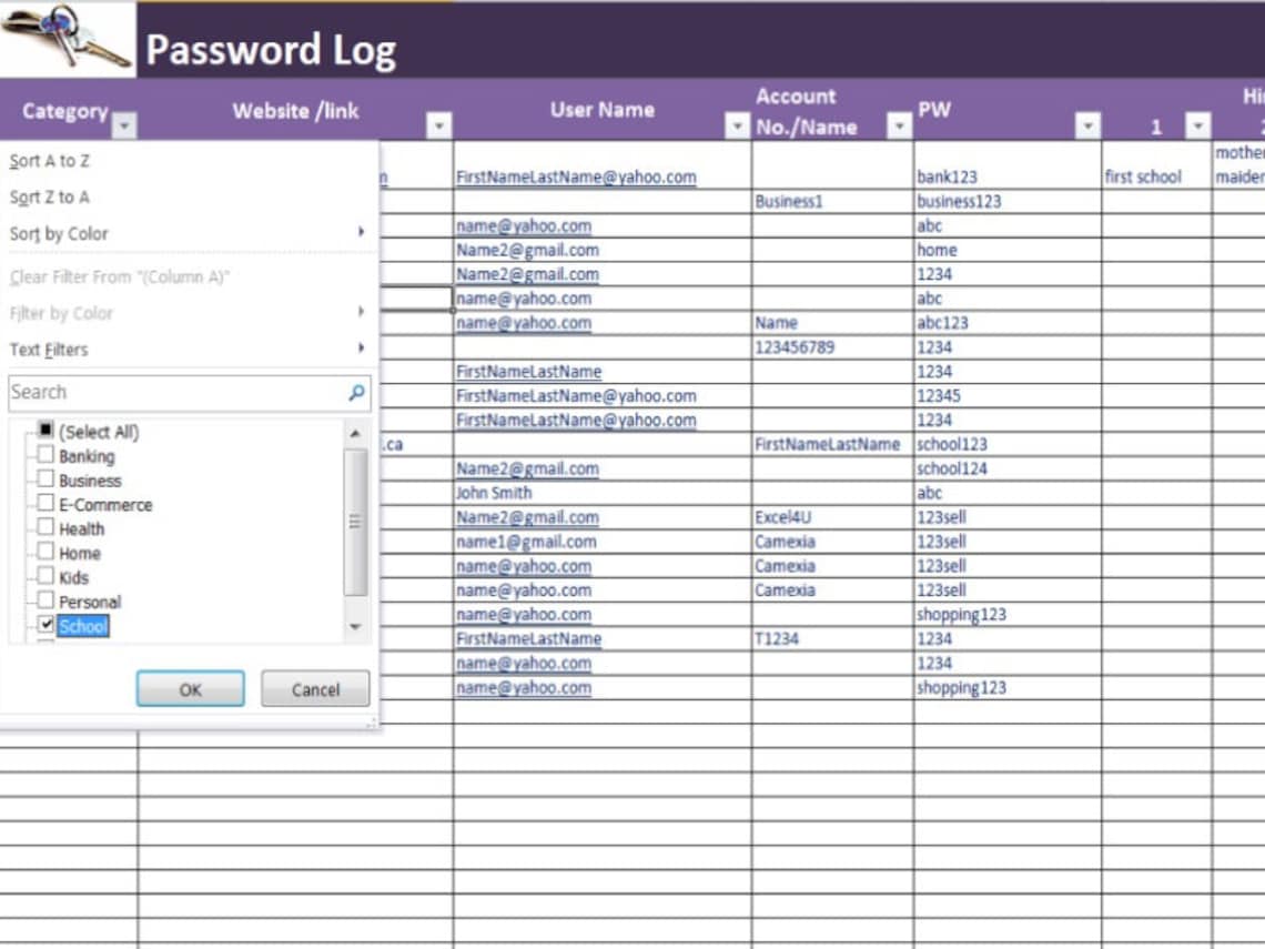 Password Log Excel and PDF Template, Password Tracker Spreadsheet ...