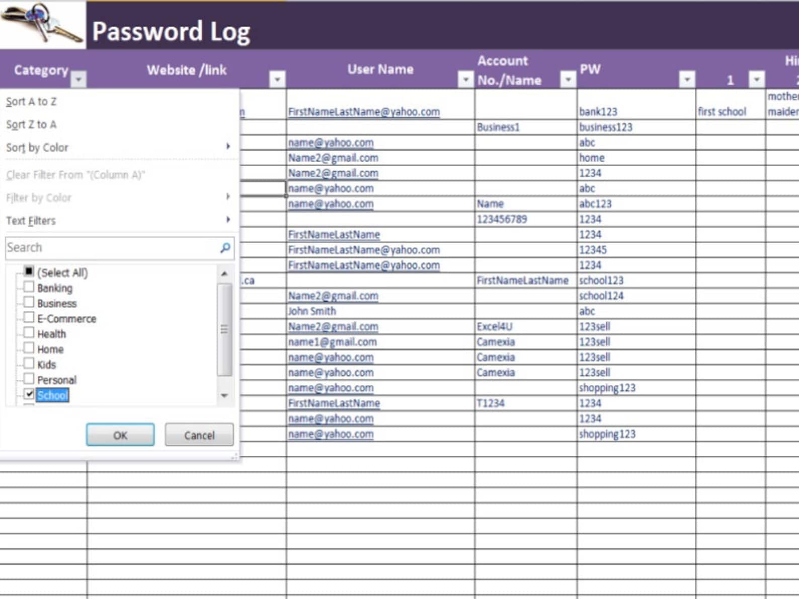 Password Log Excel and PDF Template, Password Tracker Spreadsheet ...