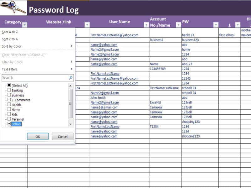 Password Log Excel and PDF Template, Password Tracker Spreadsheet ...