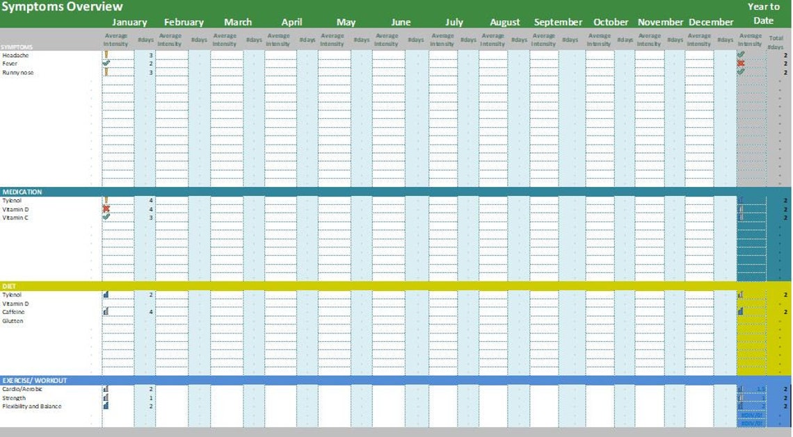 Symptoms Log Excel Template, General Health Agenda, Diet/exercise ...