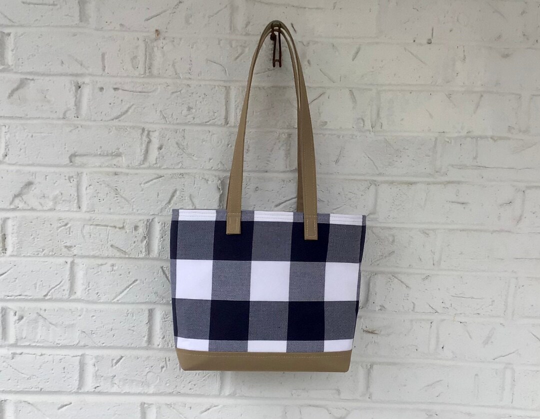 Buffalo Check Tote Bag, Navy Check and Khaki Fabric Handbag, Handmade ...