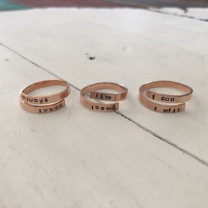Hand Stamped Wrap Rings / Word Ring / Brass Copper Aluminum Sterling ...