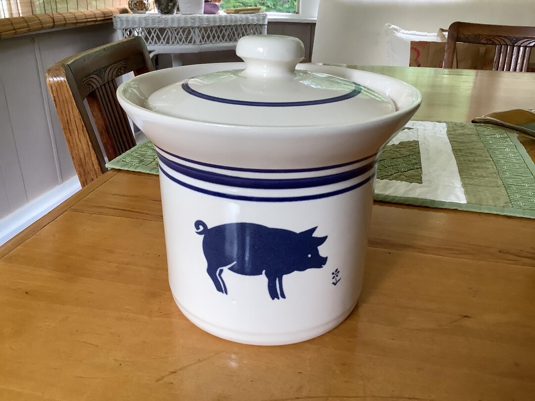 Pfaltzgraff Grease Container, Strainer, Crock Blue White, Pig Picture ...