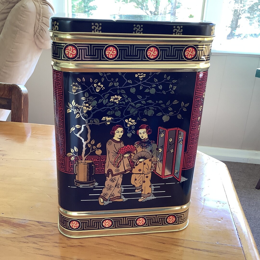 Asian Style Hinged Tin Made in England, 8 1/2 Inch Tall, Asian Art Tin ...