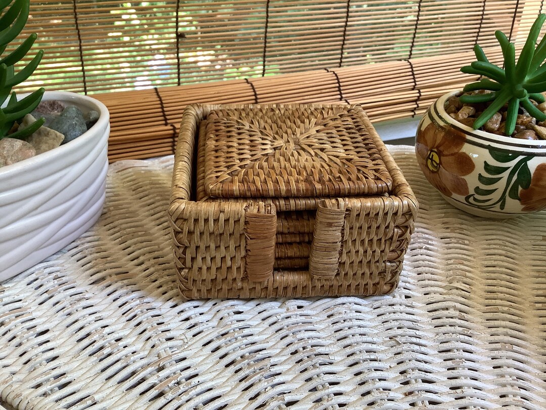 6 Wicker Coasters and Holder, Brown Wicker, 4 Inch Square - Etsy