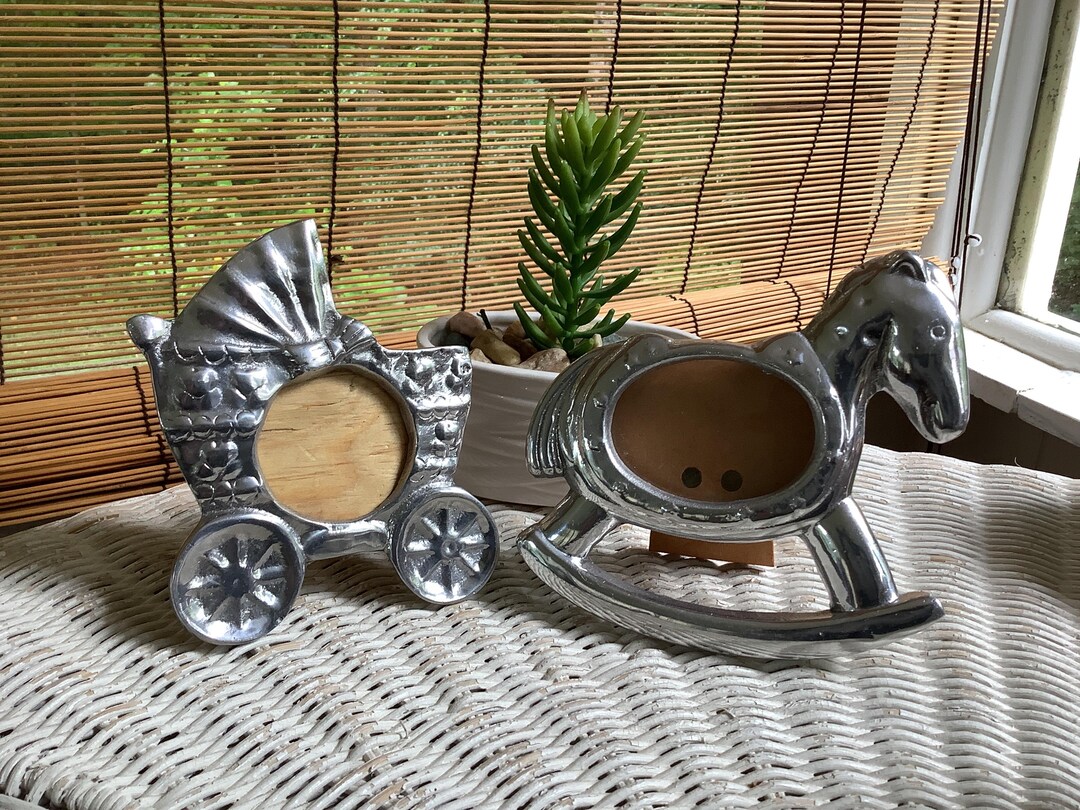 Polished Metal Picture Frames: Rocking Horse & Baby Carriage Decor ...