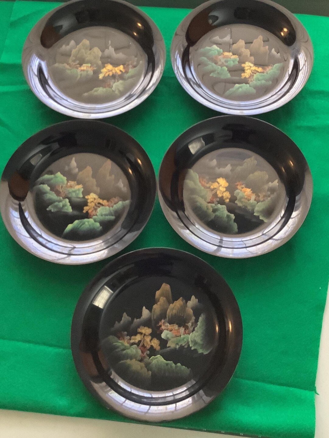 5 Lacquerware Plates, Black Lacquer Hand Painted, Each Design Varies a ...