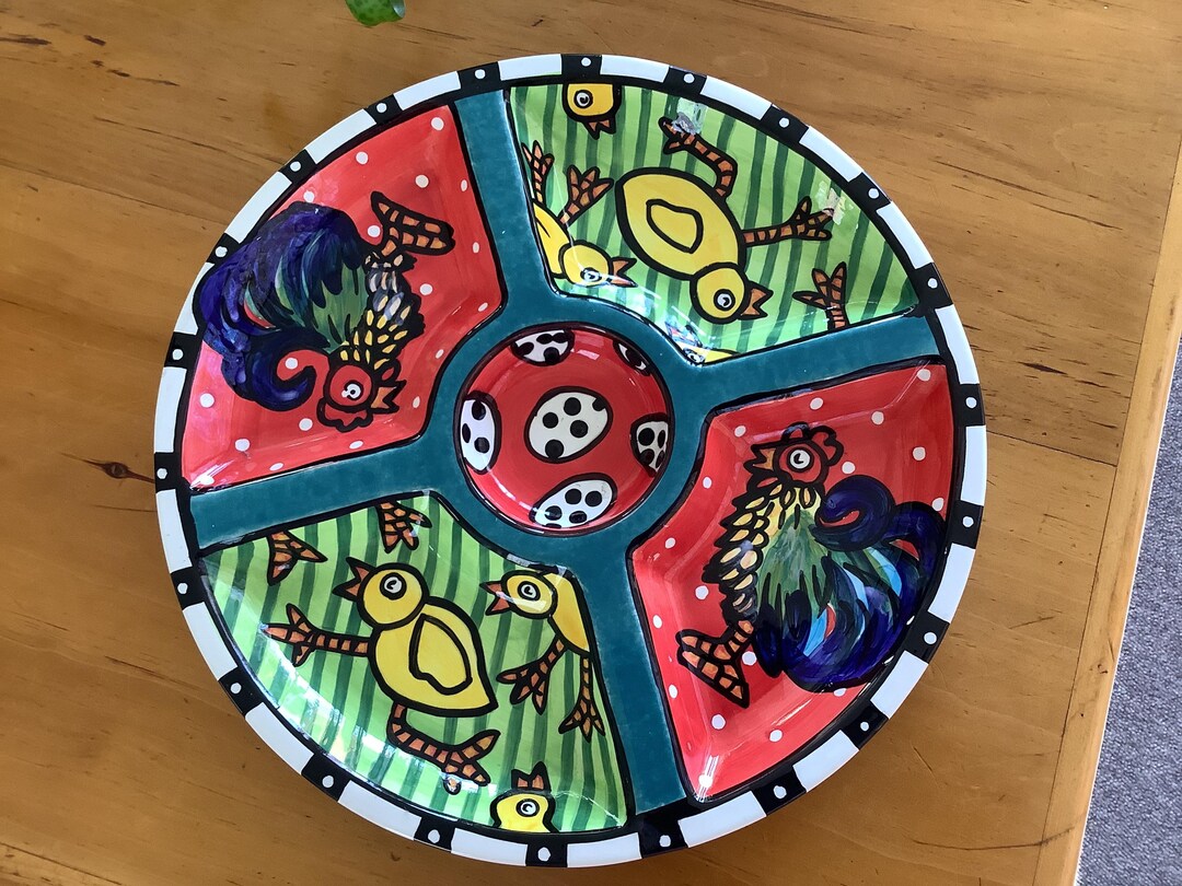 Nicole Engblom Dip Platter, Chickens, Roosters, Eggs, Farm Folk Art ...