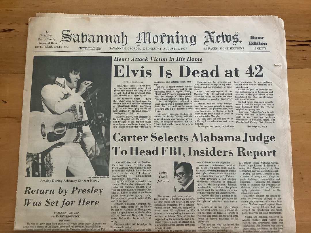 Newspaper, Elvis is Dead at 42, Savannah Morning News, August 17, 1977 ...