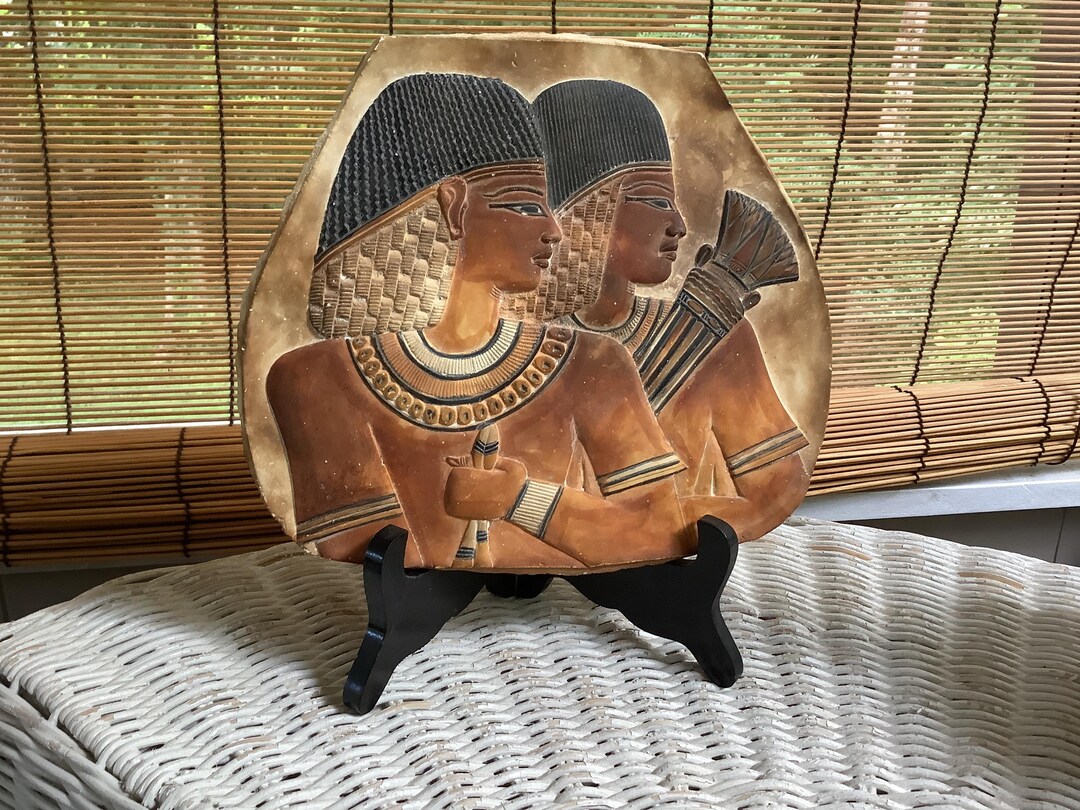 Egyptian Limestone Art Plaque: Two Figures, Browns & Tans 9x 7 1/2 ...
