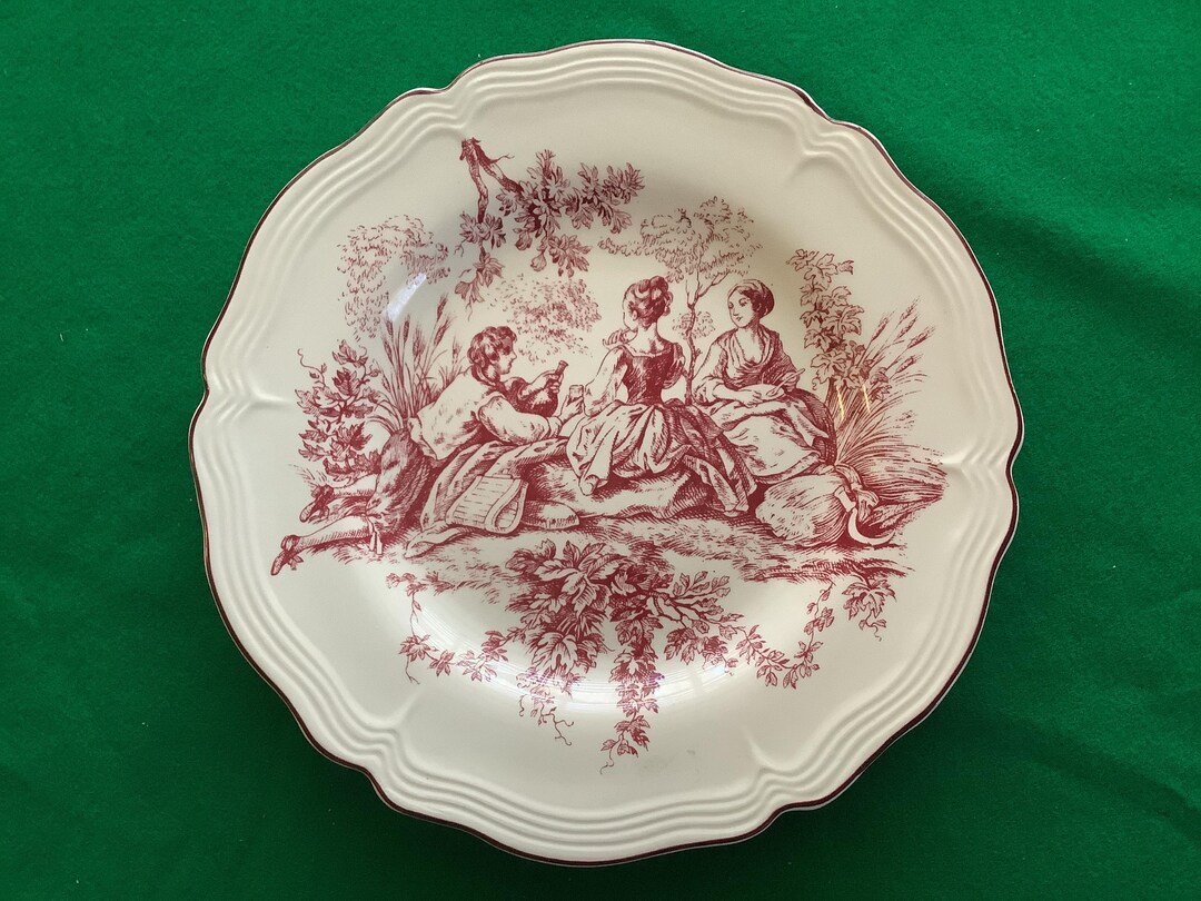 New England Toile Plate 11 Inch, Red and White, Ruffled Edges ...