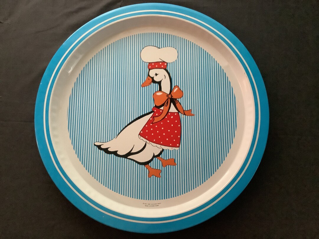 Kitchen Goose on Tin Tray, White Blue Background, Red Apron and Hat, 13 ...