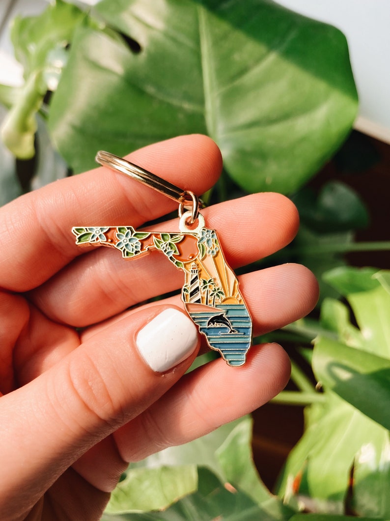 Florida Gold Enamel Keychain Florida Outline Key Ring Soft | Etsy
