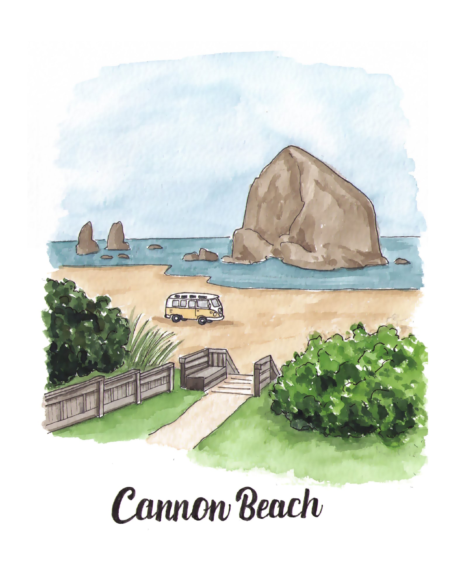 Cannon Beach Print Watercolor Illustration Art Print | Etsy