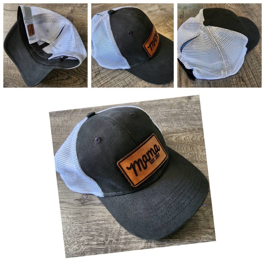 Leather Patch Ponytail Trucker Hat // Custom Trucker Hat // Mama Est ...