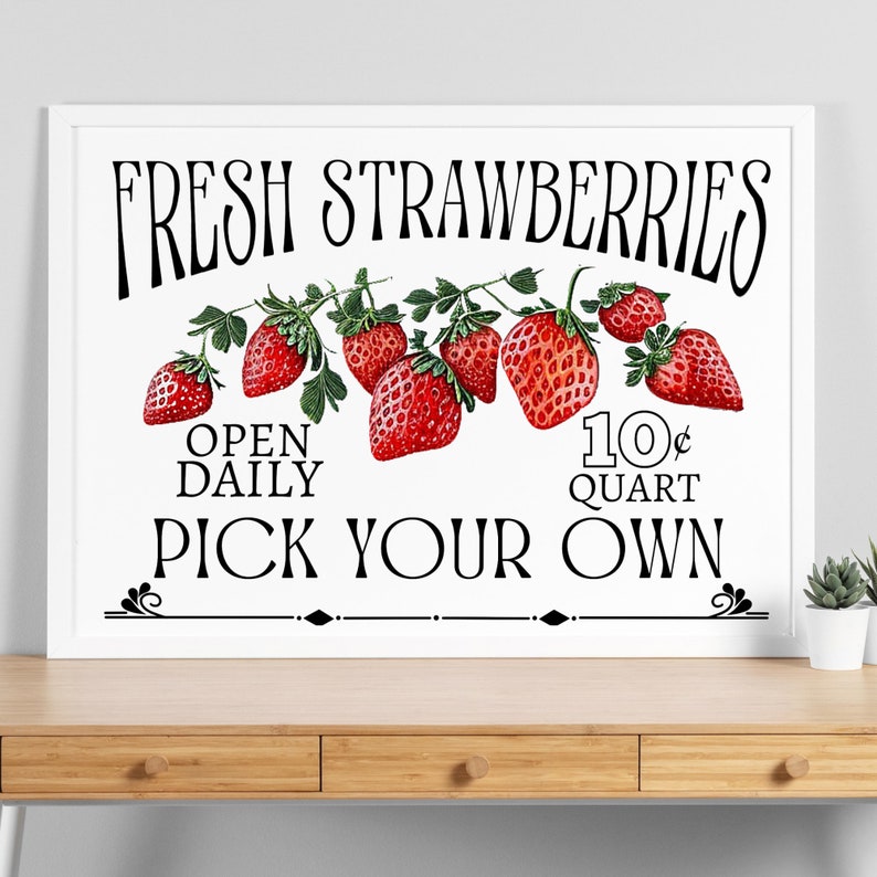 Fresh Strawberries Printable Sign | Vintage Farmhouse Kitchen Wall Art ...