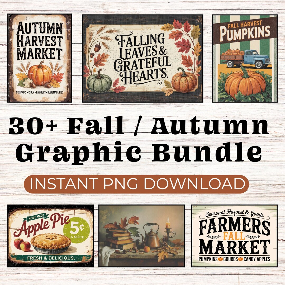 Fall Harvest Clipart Bundle | Vintage Autumn Signs & Graphics | Digital ...