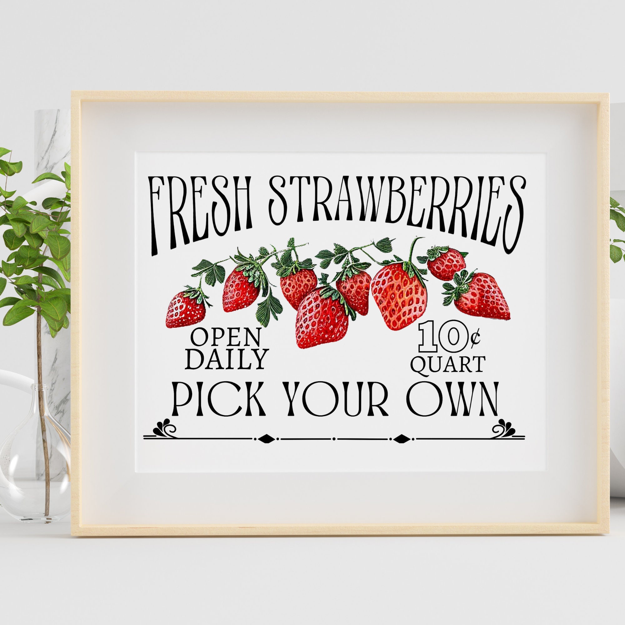 Fresh Strawberries Printable Sign | Vintage Farmhouse Kitchen Wall Art ...