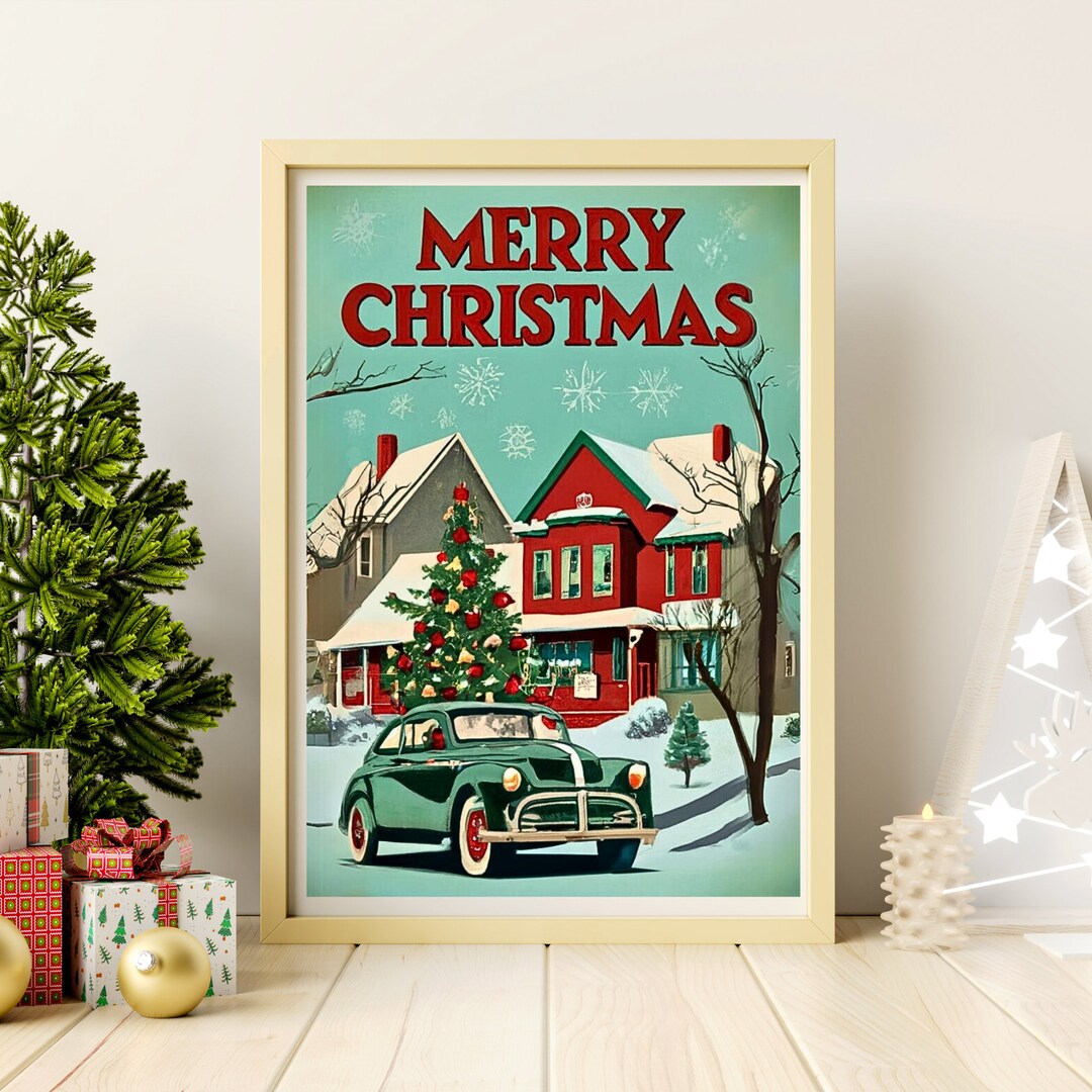 Vintage Christmas Car Holiday Scene- Instant Digital Download Printable ...