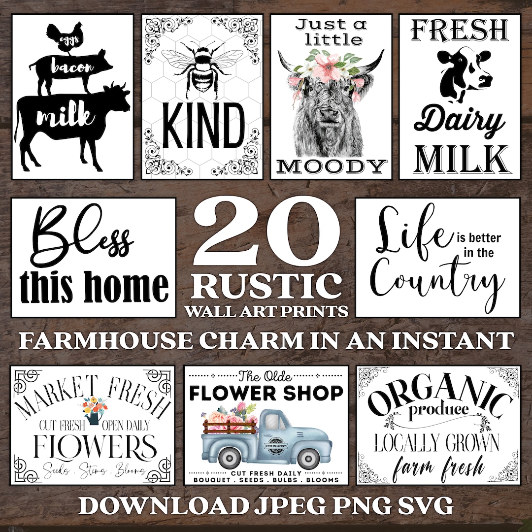 Farmhouse Wall Art Bundle | Rustic Vintage Printable Graphics Set ...