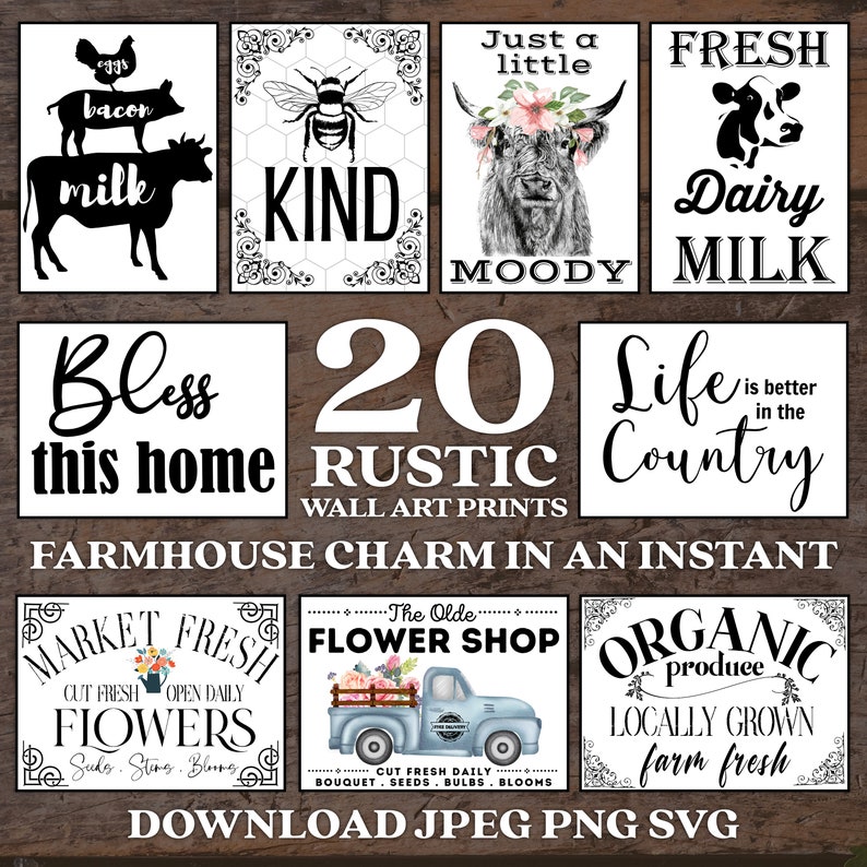 Farmhouse Wall Art Bundle | Rustic Vintage Printable Graphics Set ...