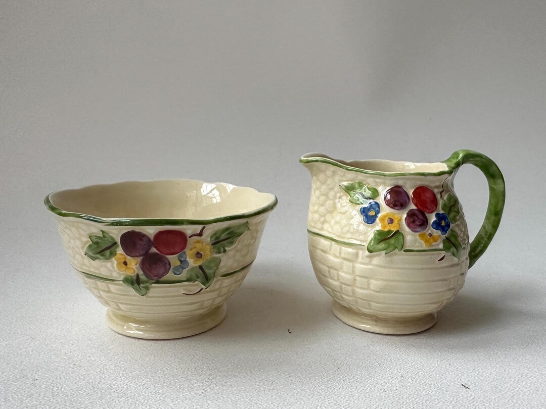 Vintage Crown Devon Hand-painted Basketweave Creamer & Sugar Bowl ...