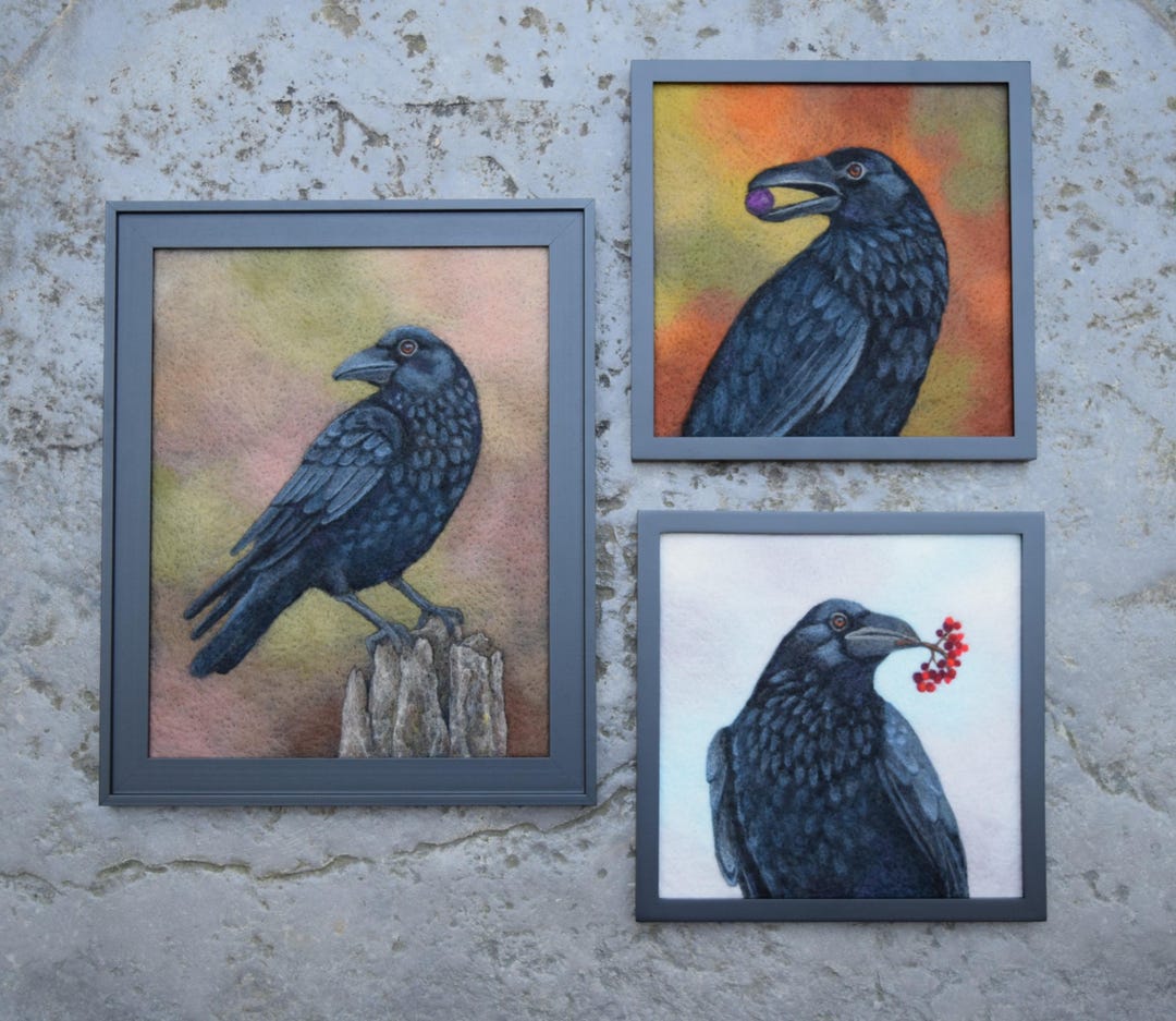 RESERVED for Bridget ~ Crow Collection, Wool Painting, Wool Picture ...