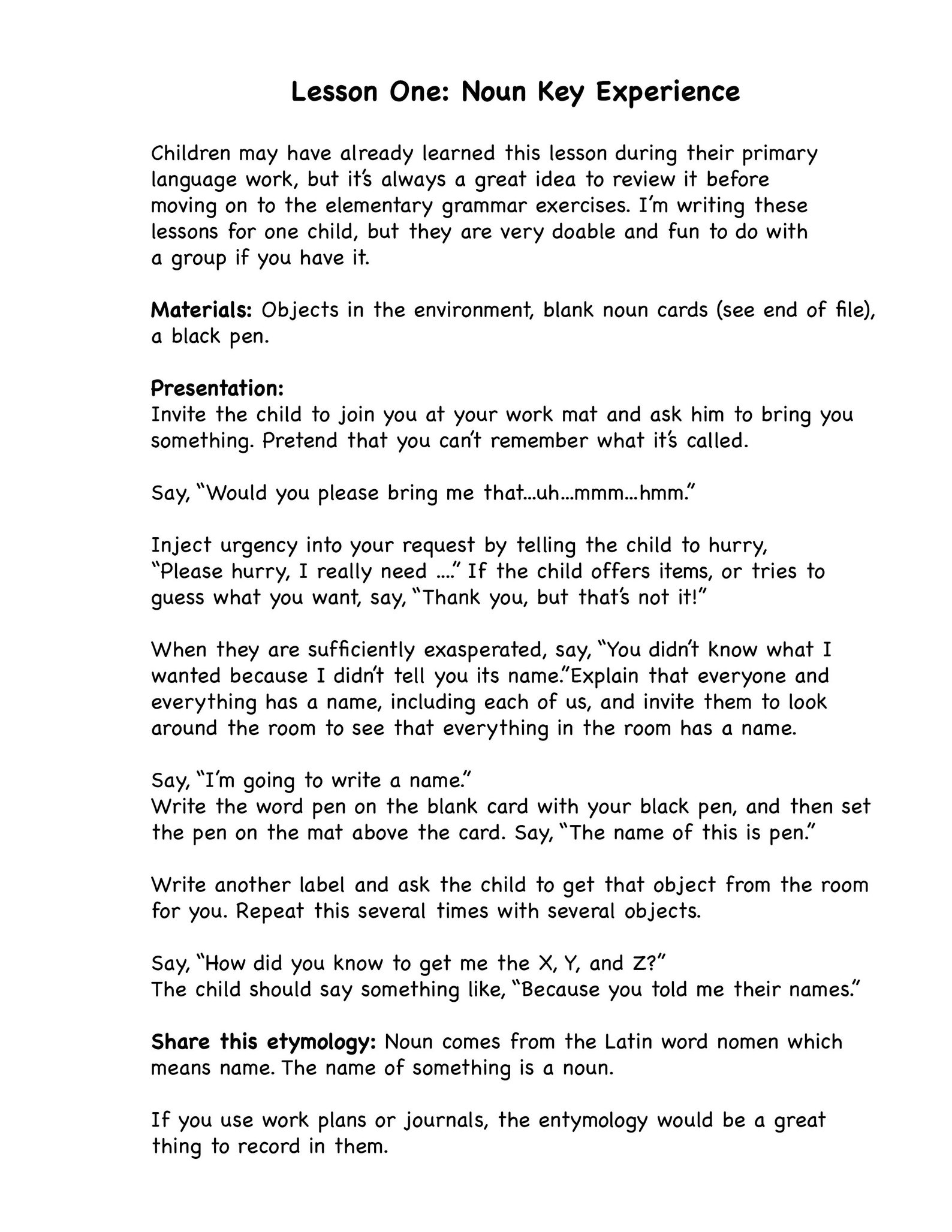 Montessori Noun Lesson Guide Montessori Printable Noun Key - Etsy