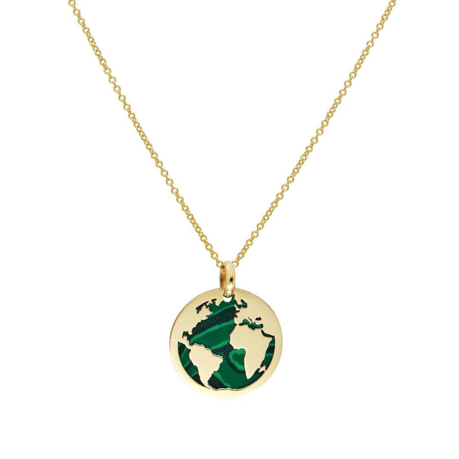 14K Solid Yellow Gold Earth Necklace, Malachite World Map Necklace ...