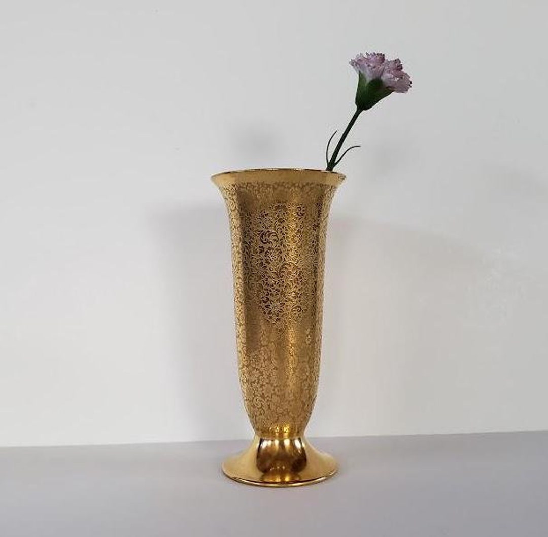 Vintage Pickard China Vase, 24k Gold Encrusted, Green Interior, Roses ...