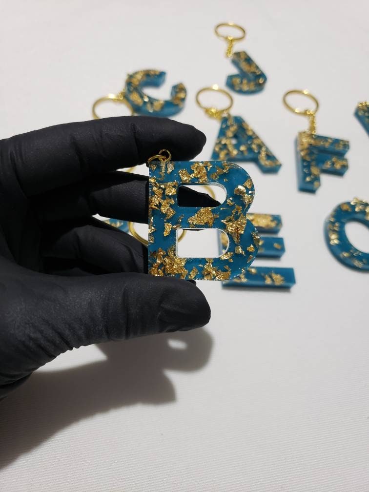 Blue and Gold Flake Alphabet Resin Keychain - Etsy