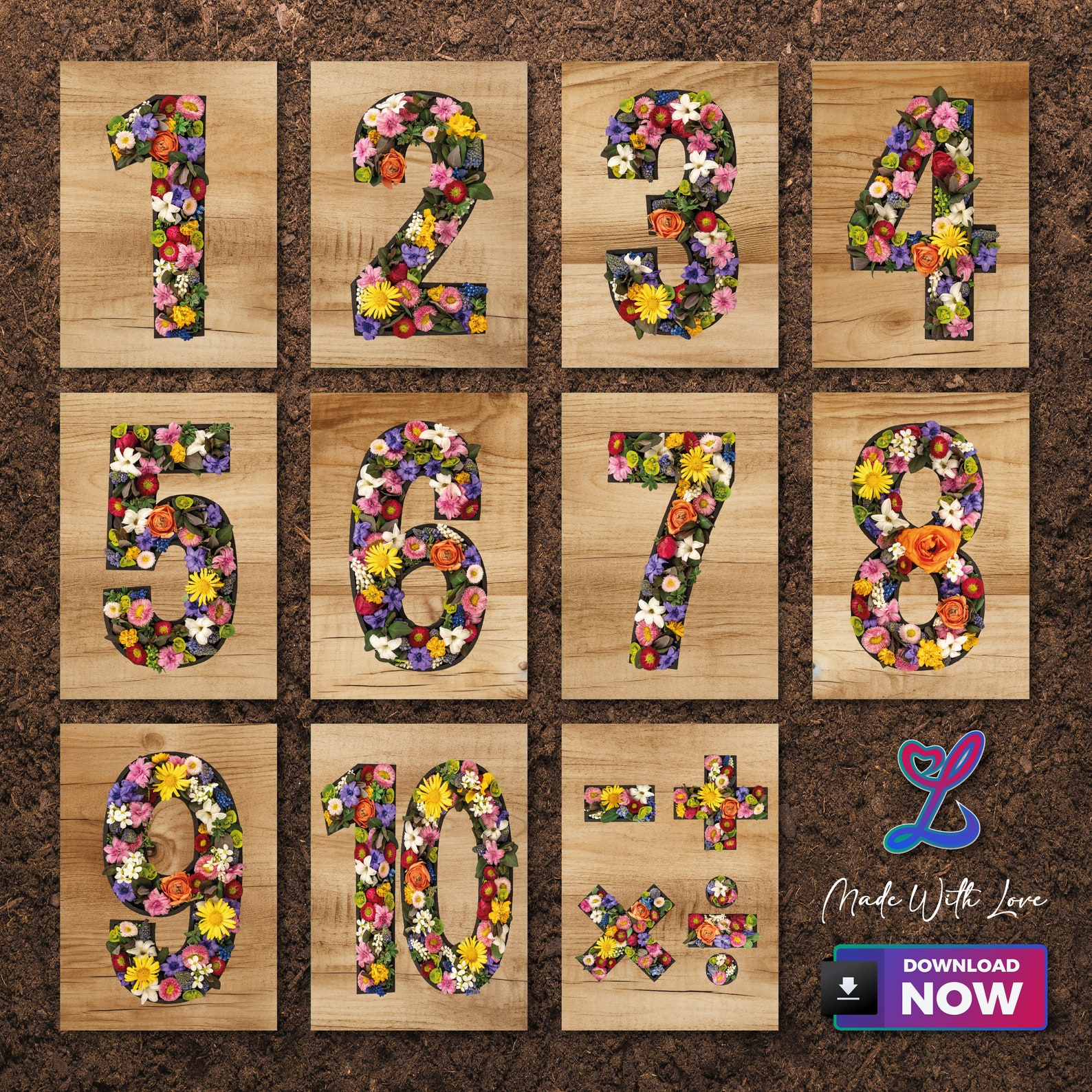 Nature Floral Numbers 0-10 & Symbol Set on Wood | EYFS Resource ...