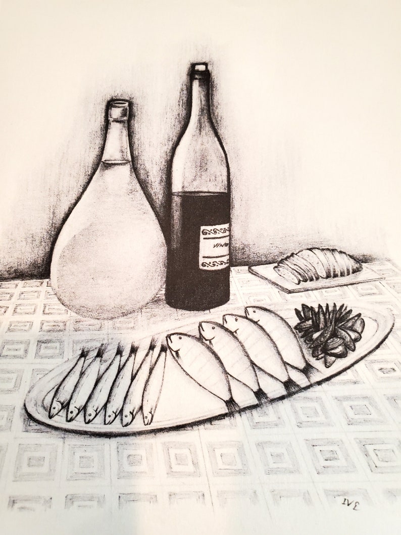 Wine Fish and Bread, Seafood Drawing, Mediterranean Food, Croatian Food ...