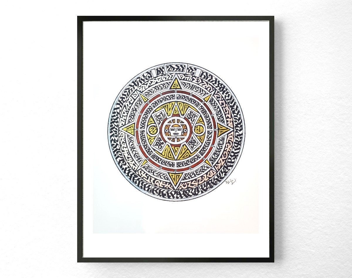 Mayan Calendar Print, Aztec Mandala, Asemic Calligraphy, Mystery ...