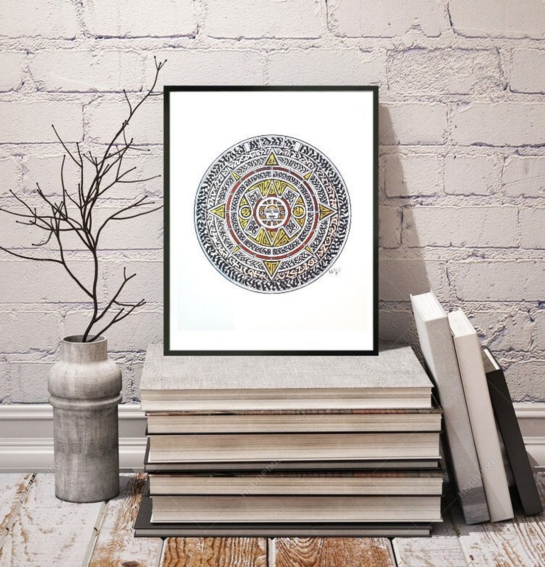 Mayan Calendar Print, Aztec Mandala, Asemic Calligraphy, Mystery ...