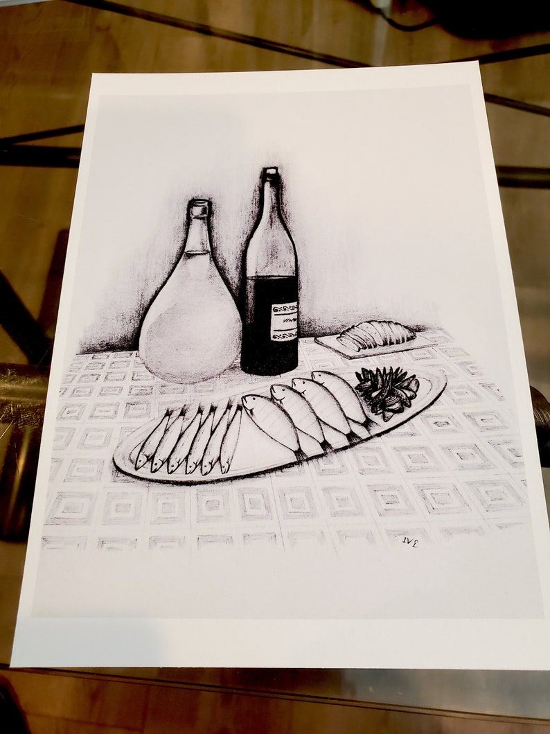 Wine Fish and Bread, Seafood Drawing, Mediterranean Food, Croatian Food ...
